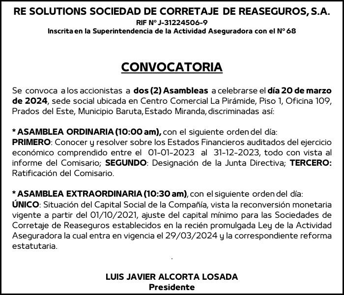 CONVOCATORIA RE SOLUTIONS SOCIEDAD DE CORRETAJE DE REASEGUROS S.A.
